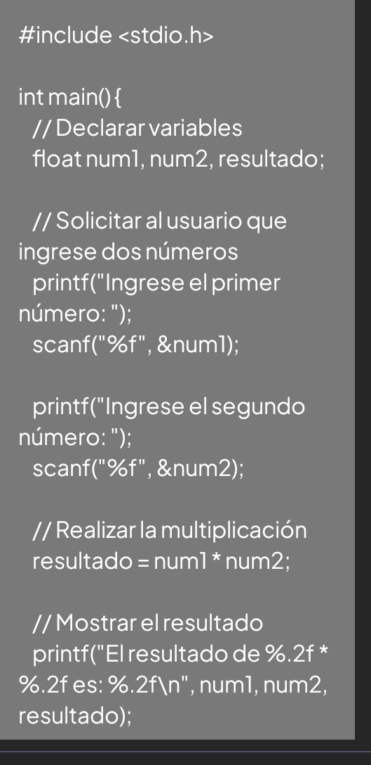Resuelto:#include int main() // Declarar variables float num1, num2 ...