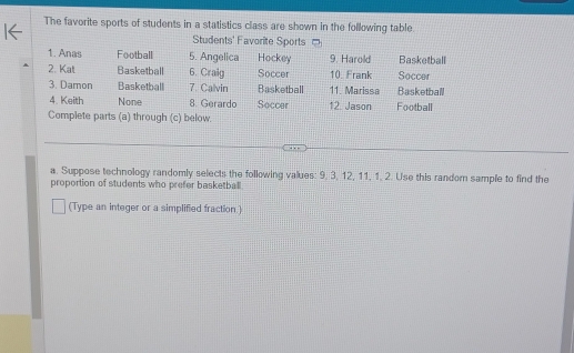 Solved: The favorite sports of students in a statistics class are shown ...