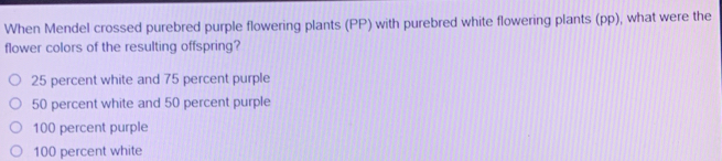 Solved: When Mendel crossed purebred purple flowering plants (PP) with ...
