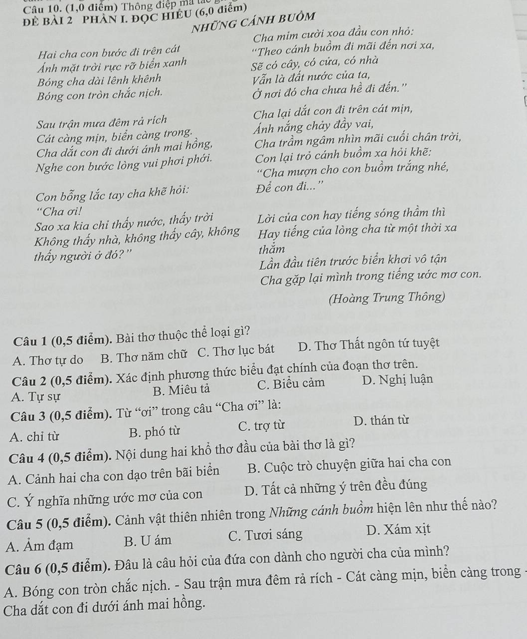 Giải quyết:(1,0 điểm) Thông điệp mã lạo ĐE BÀI 2 PHAN I. ĐOC HIEU (6,0 ...