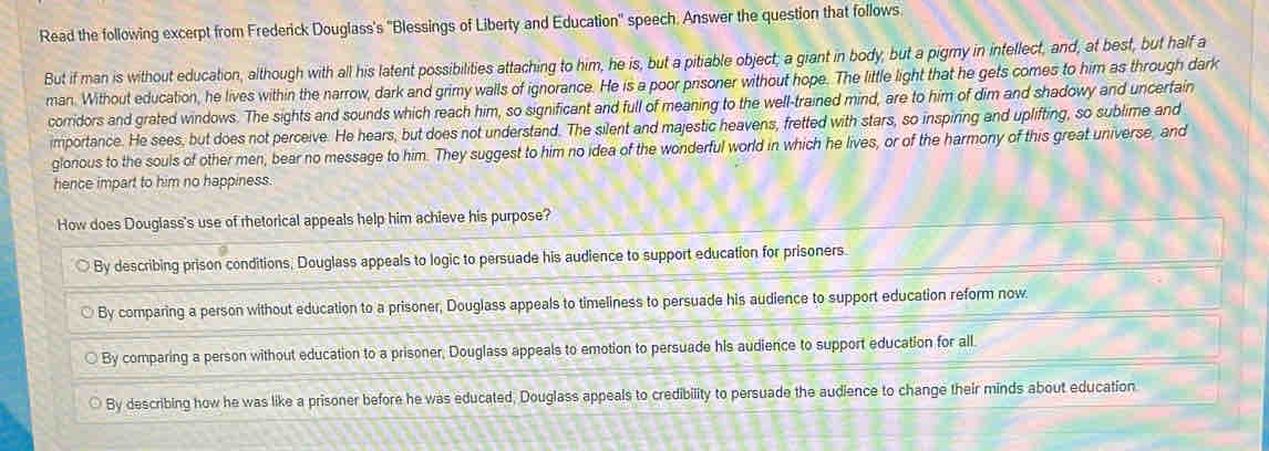 Solved: Read the following excerpt from Frederick Douglass's ...