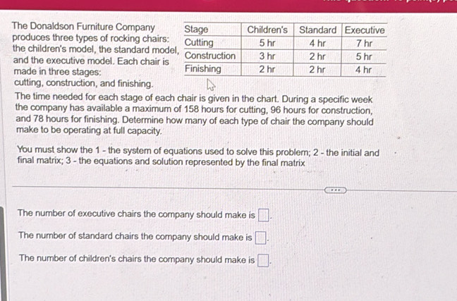 Solved: The Donaldson Furniture Company produces three types of rocking ...
