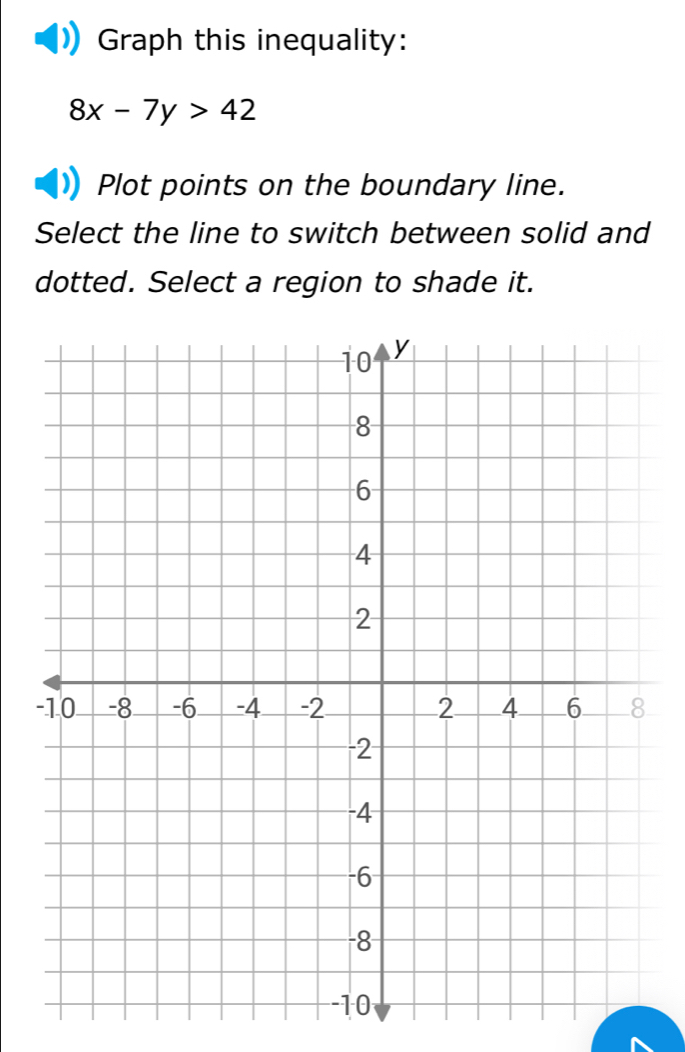 Solved: Graph this inequality: 8x-7y>42 Plot points on the boundary ...