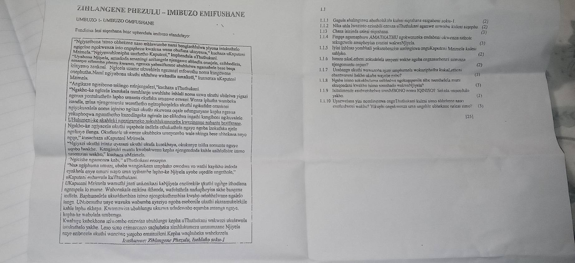 Solved: ZIHLANGENE PHEZULU - IMIBUZO EMIFUSHANE 1.3 UMBUZO 1- UMBUZO ...