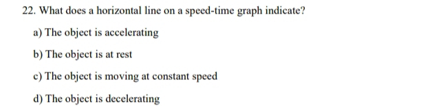 Solved: What does a horizontal line on a speed-time graph indicate? a) The object is ...