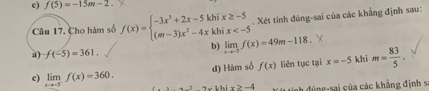 Giải quyết:f(5)=-15m-2. Câu 17. Cho hàm số f(x)=beginarrayl -3x^3+2x ...