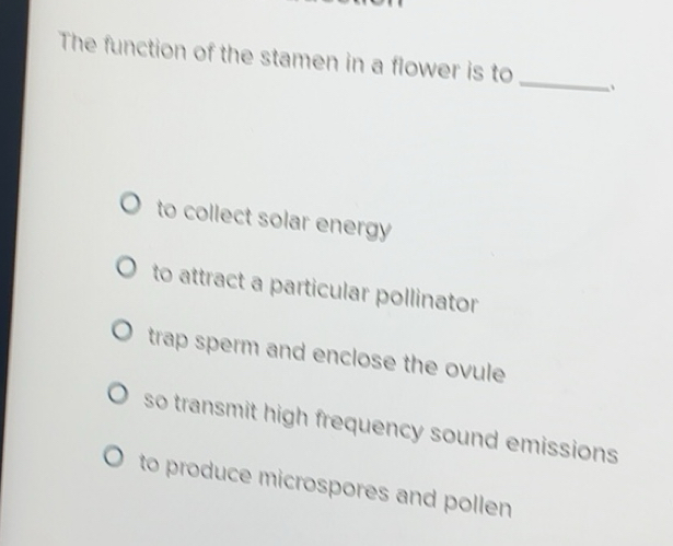 Solved: The function of the stamen in a flower is to to collect solar ...
