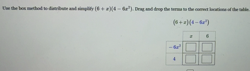 Solved: Use the box method to distribute and simplify (6+x)(4-6x^2 ...