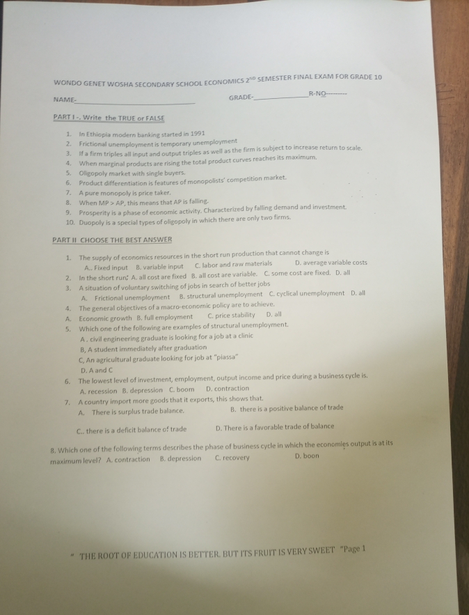 Solved: WONDO GENET WOSHA SECONDARY SCHOOL ECONOMICS 2^(tin) SEMESTER ...