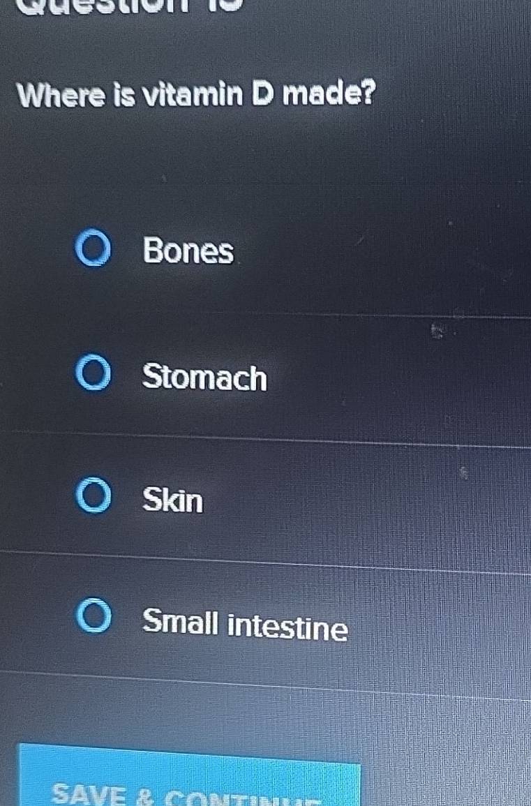 Solved: Where is vitamin D made? Bones Stomach Skin Small intestine ...