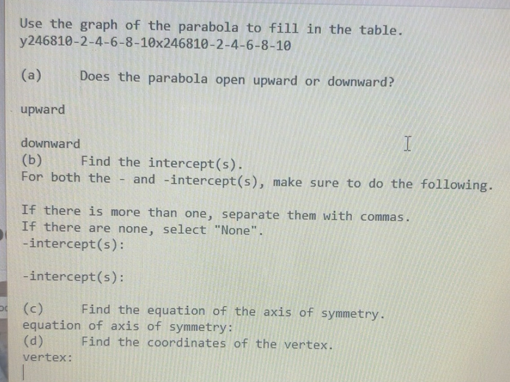 Solved: Use the graph of the parabola to fill in the table. y246810 -2 ...