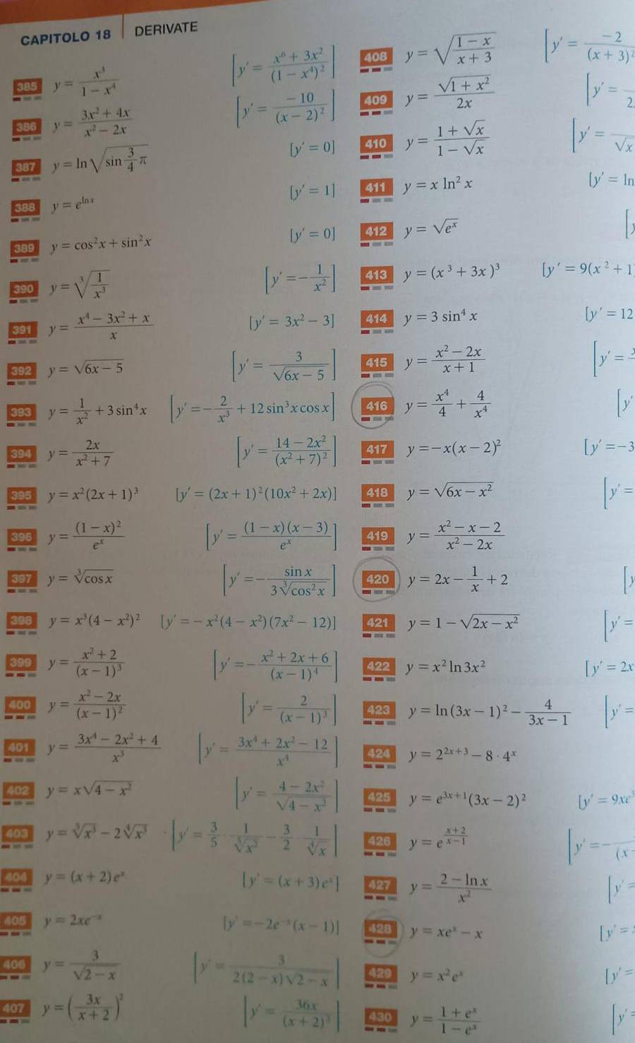 Risolto:CAPITOLO 18 DERIVATE 408 385 y= x^3/1-x^4 [y'=frac x^6+3x^2(1-x ...