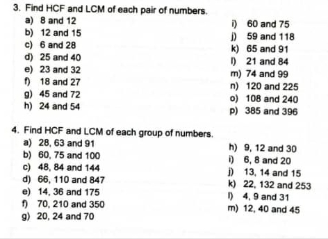 Selesai:Find HCF and LCM of each pair of numbers. a) 8 and 12 i) 60 and ...