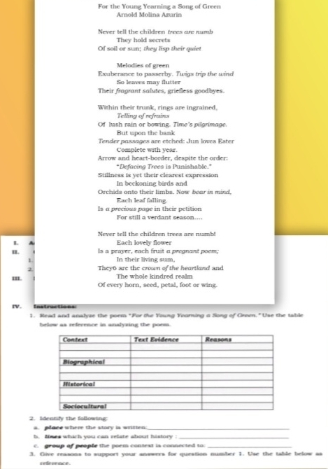 Solved: For the Young Yearning a Song of Green Arnold Molina Azurin ...