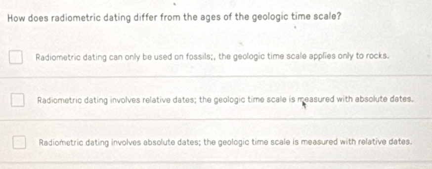 Solved: How does radiometric dating differ from the ages of the ...