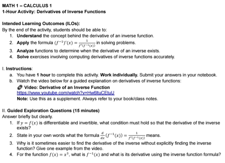 Solved: MATH 1 - CALCULUS 1 1-Hour Activity: Derivatives of Inverse ...