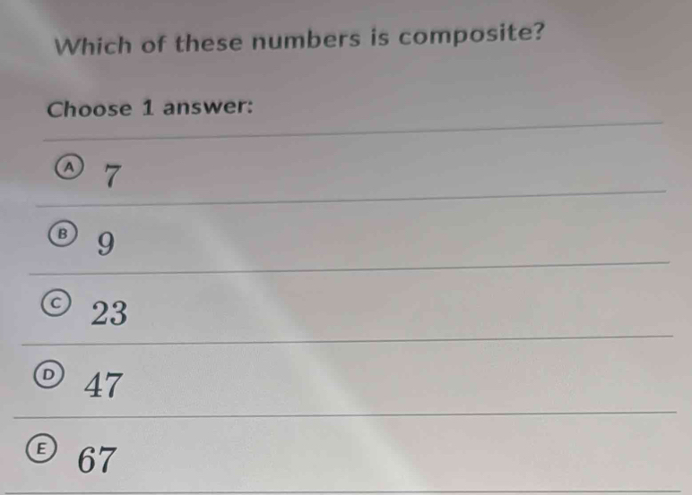 Solved: Which of these numbers is composite? Choose 1 answer: 7 B 9 C ...