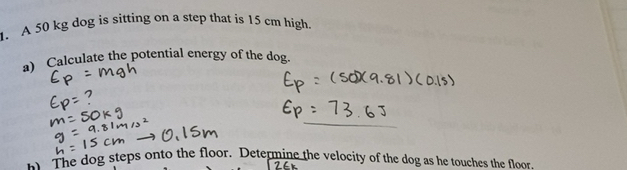 Solved: A 50 kg dog is sitting on a step that is 15 cm high. a ...