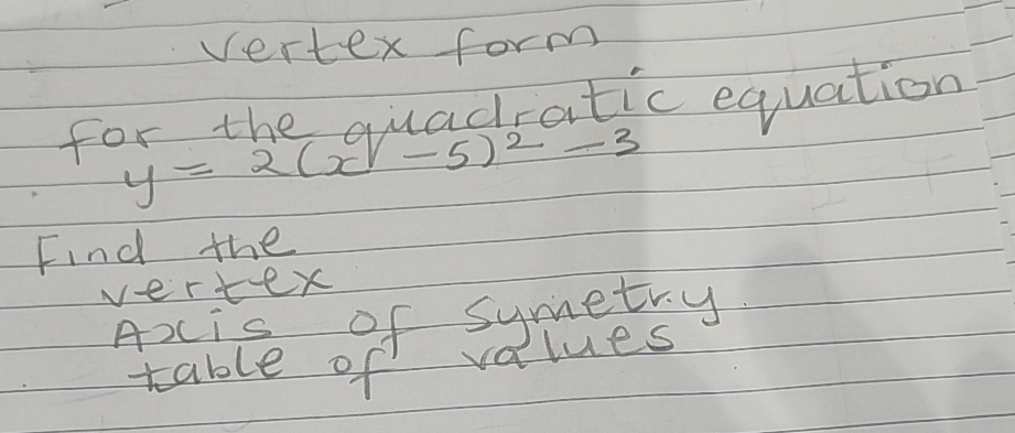 Solved: vertex form for the quadatic equation y=2(x) (-5)^2-3 Find the ...