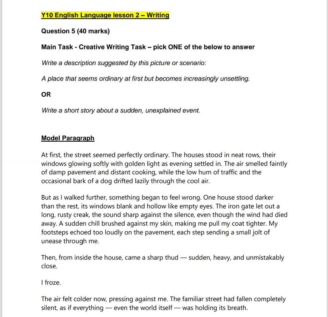 Solved: Y10 English Language lesson 2 - Writing Question 5 (40 marks ...