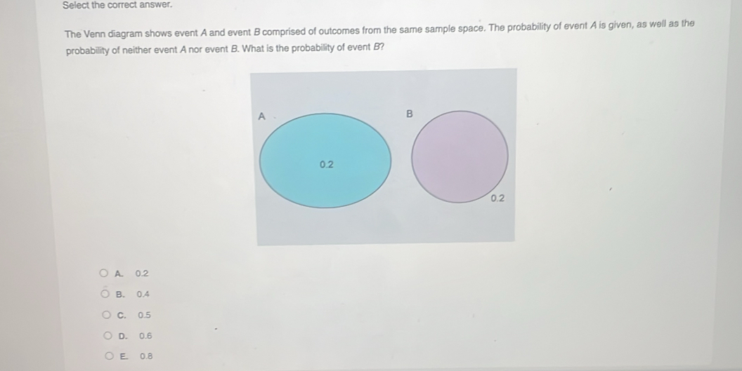 Solved: Select the correct answer. The Venn diagram shows event A and event B comprised of ...