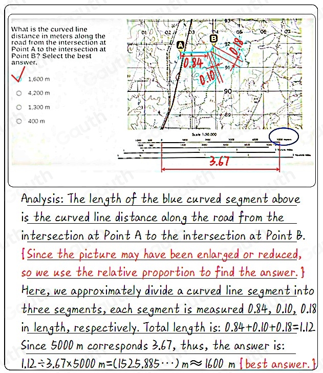 Solved: What is the curved line distance in meters along the road from ...