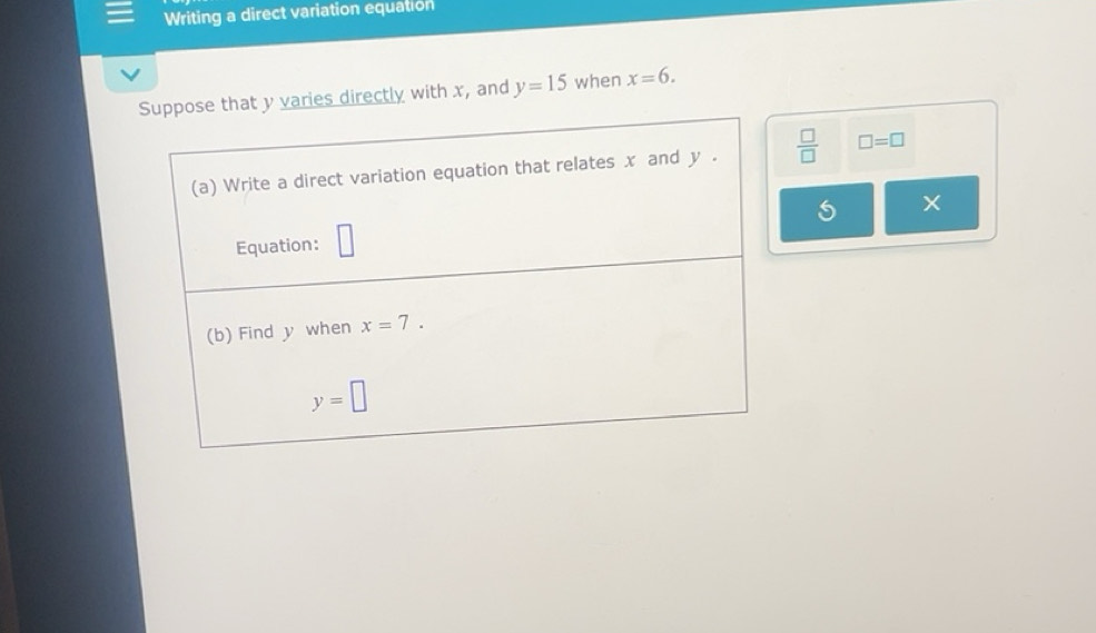 Solved: Writing a direct variation equation y varies directly with x ...