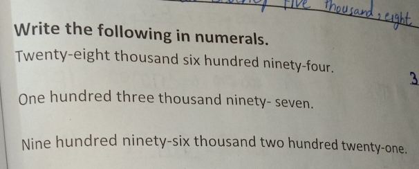 Solved: Write the following in numerals. Twenty-eight thousand six ...