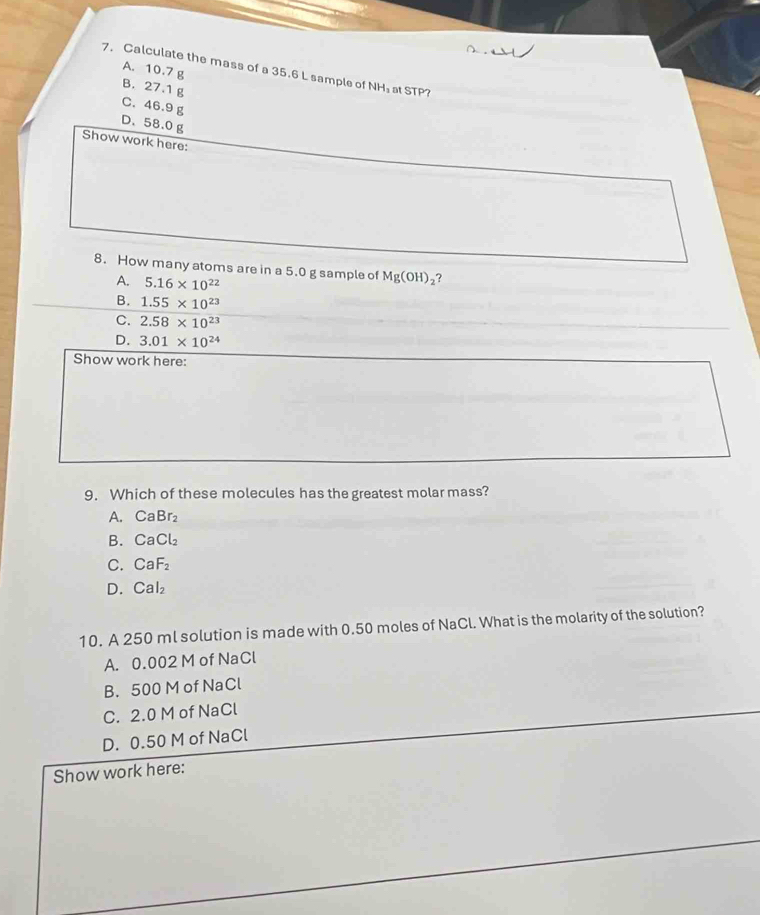 Solved: A. 10.7 g 7. Calculate the mass of a 35.6 L sample of NH₃ at ...