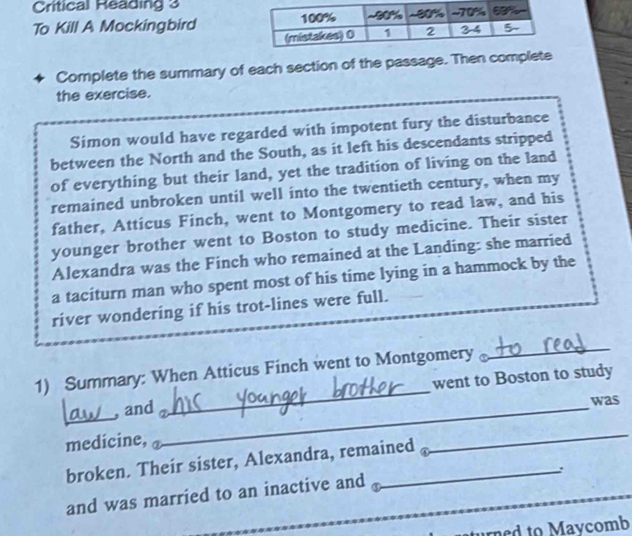 Solved: Critical Reading 3 To Kill A Mockingbird Complete the summary ...