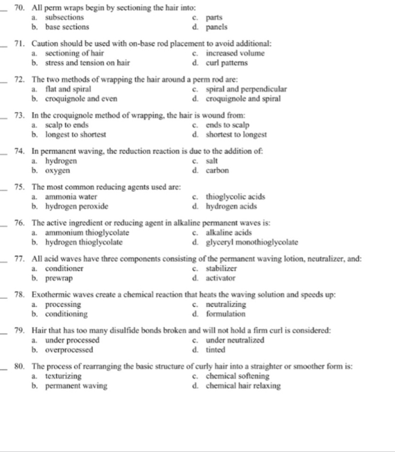 Solved: All perm wraps begin by sectioning the hair into: a ...