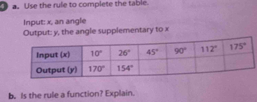 Solved: Use the rule to complete the table. Input: x, an angle Output ...