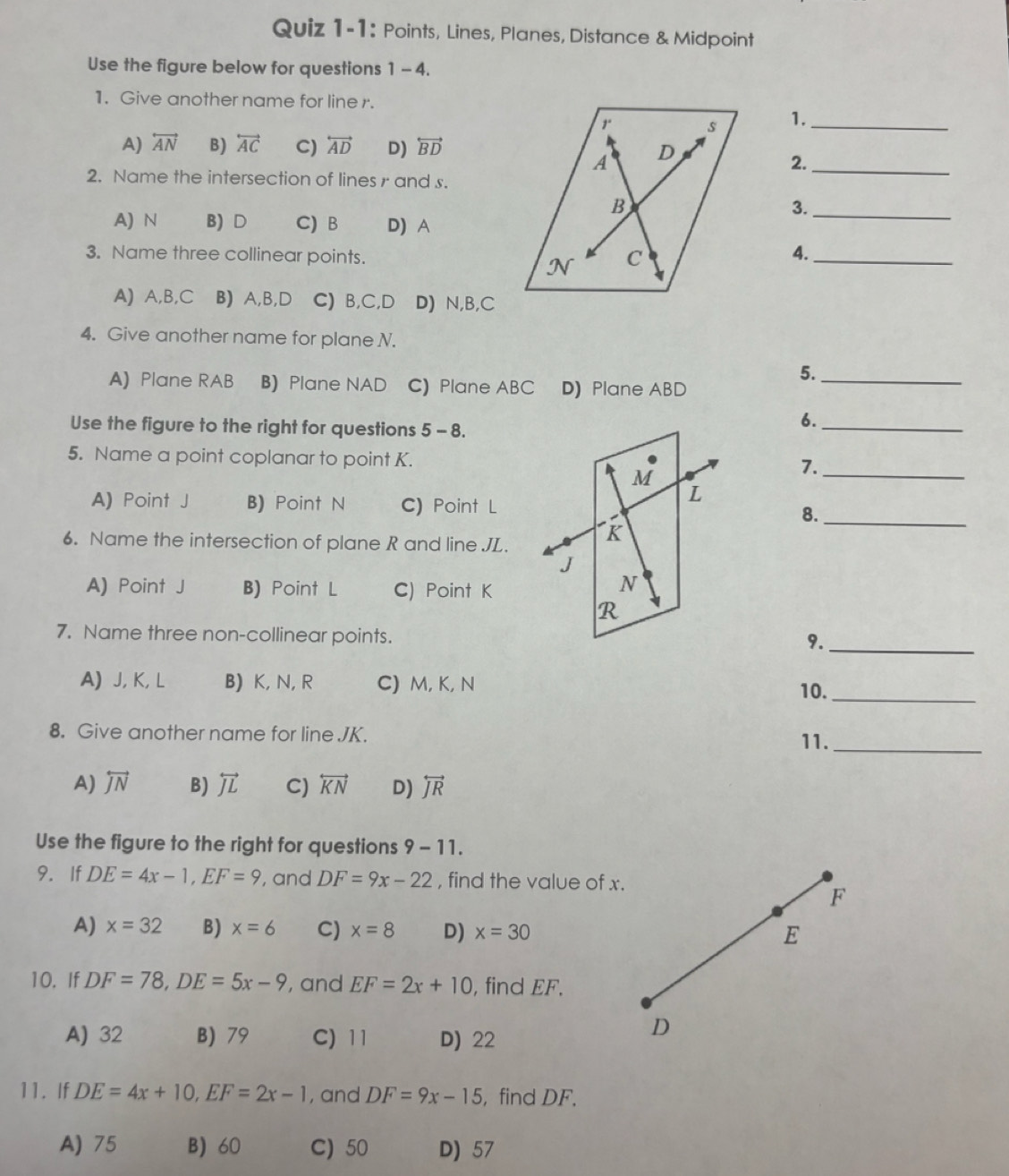 Solved: Quiz 1-1: Points, Lines, Planes, Distance & Midpoint Use the ...