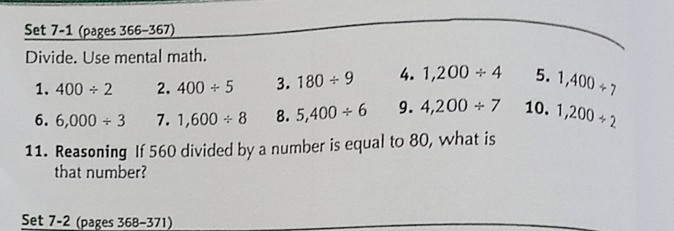 Gelöst:Set 7-1 (pages 366-367) Divide. Use mental math. 1. 400/ 2 2 ...