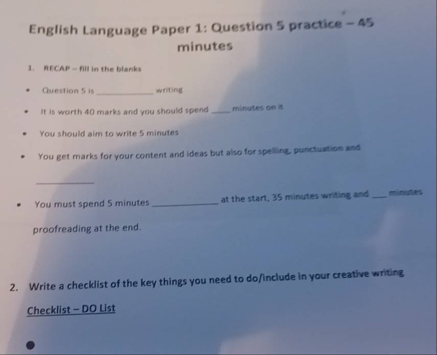 Solved: English Language Paper 1: Question 5 practice - 45 minutes 1 ...