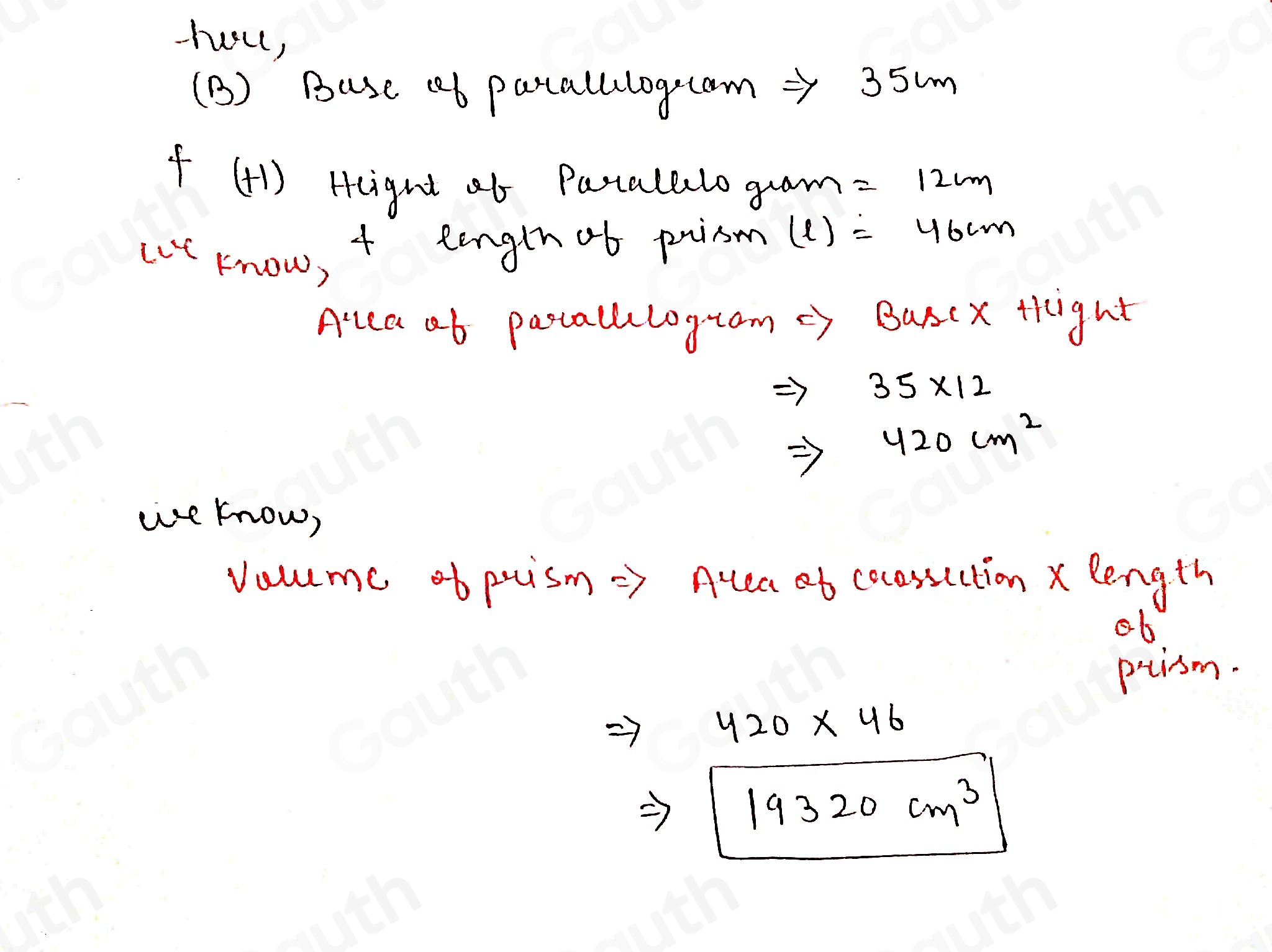 Solved: The parallelogram shown below is the cross-section of a prism ...