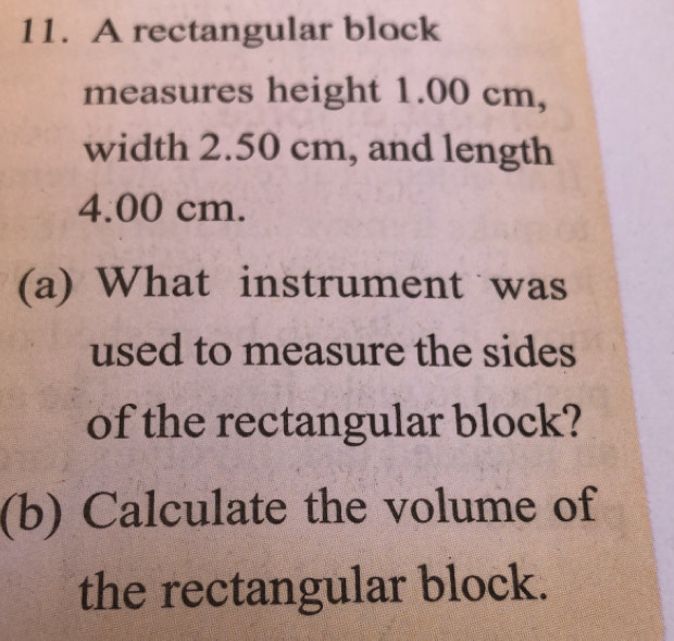 Solved: A rectangular block measures height 1.00 cm, width 2.50 cm, and ...
