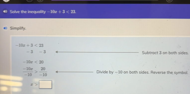 Solved: Solve the inequality -10x+3