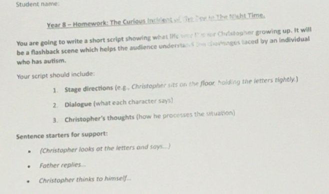 Solved: Student name: Year 8 - Homework: The Curious Incirent of the ...