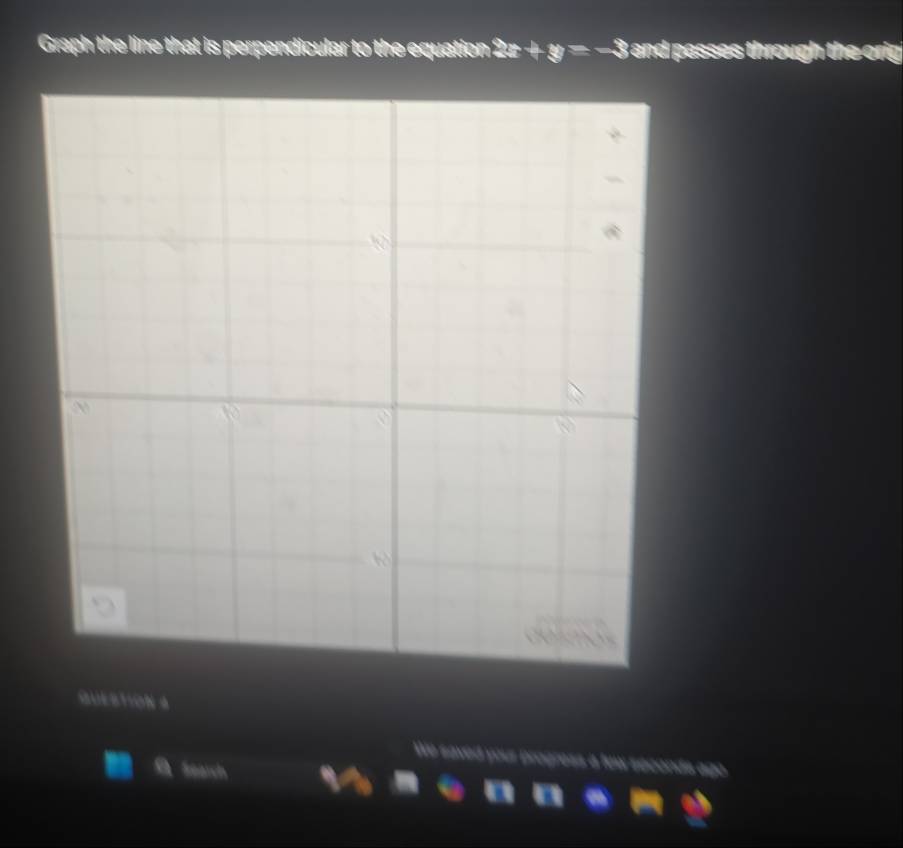 Solved: Graph the line that is perpendicular to the equation 2x+y=-3 ...