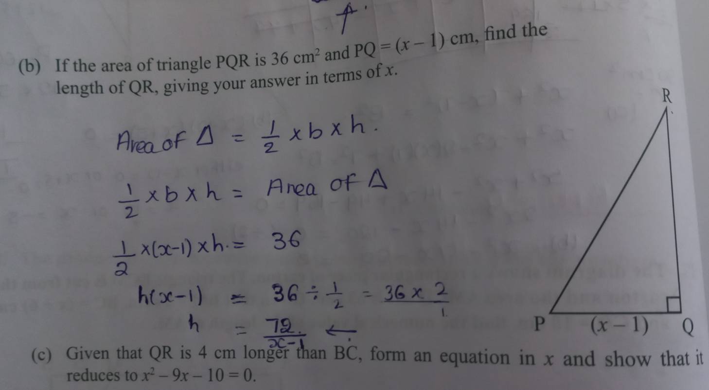 Solved: If the area of triangle PQR is 36cm^2 and PQ=(x-1)cm , find the ...