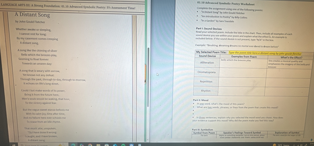 Solved: 01.10 Advanced Symbolic Poetry Worksheet LANGUAGE ARTS III: A ...