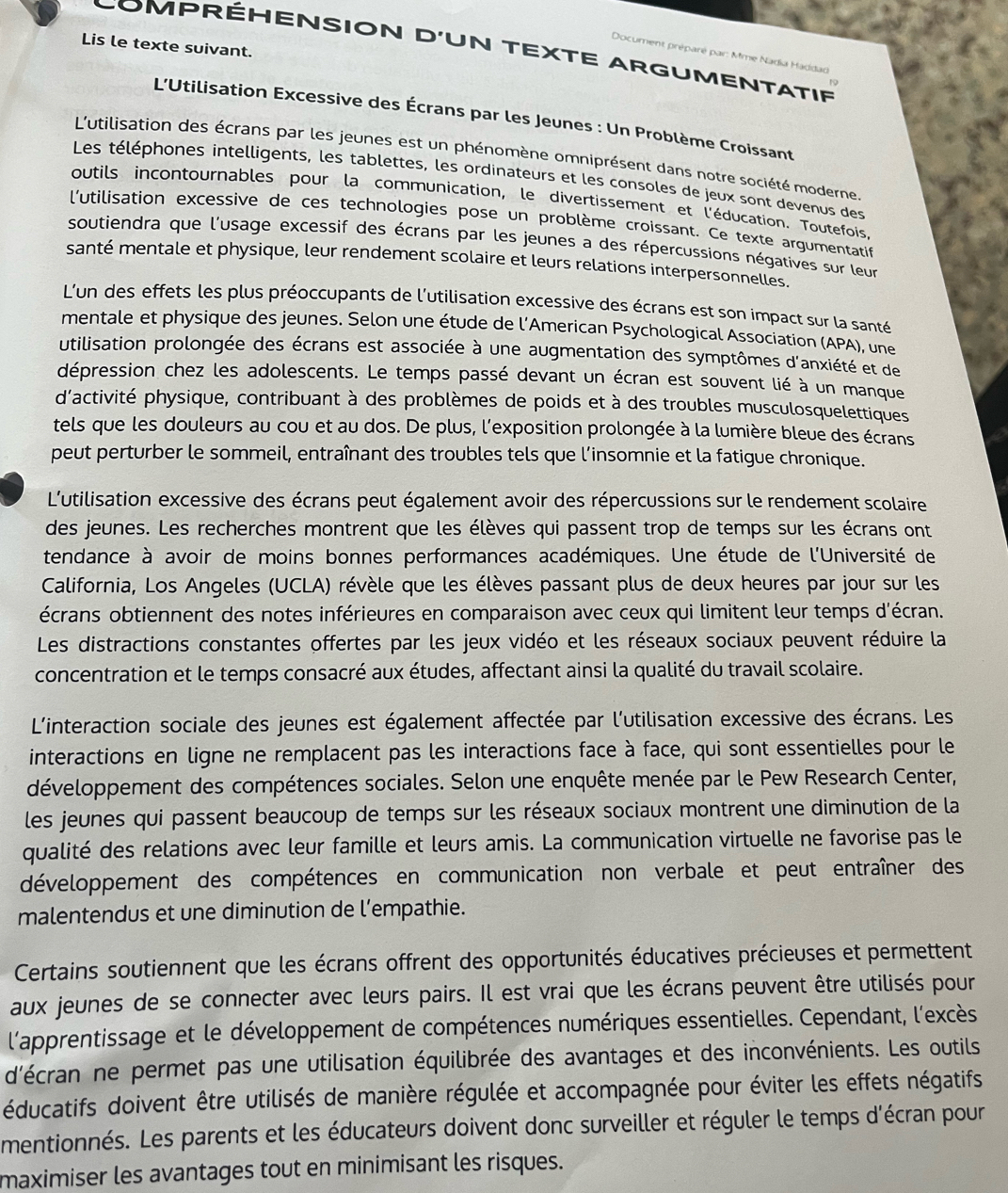 Solved: Lis le texte suivant. COMPRÉHENSION D'UN TEXTE ARGUMENTATIf ...