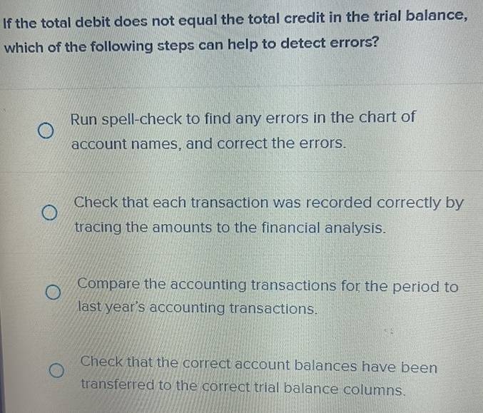 Solved: If the total debit does not equal the total credit in the trial ...