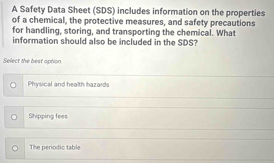 Solved: A Safety Data Sheet (SDS) includes information on the ...