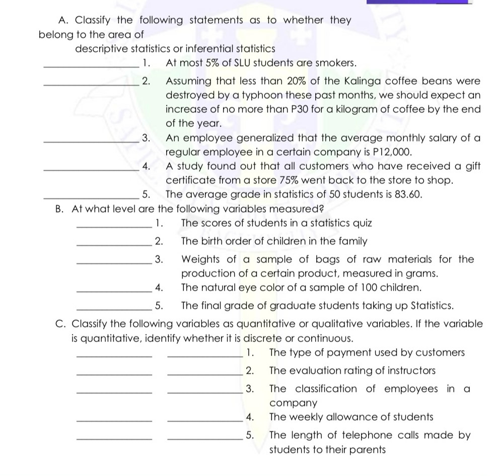 Solved: Classify the following statements as to whether they belong to ...