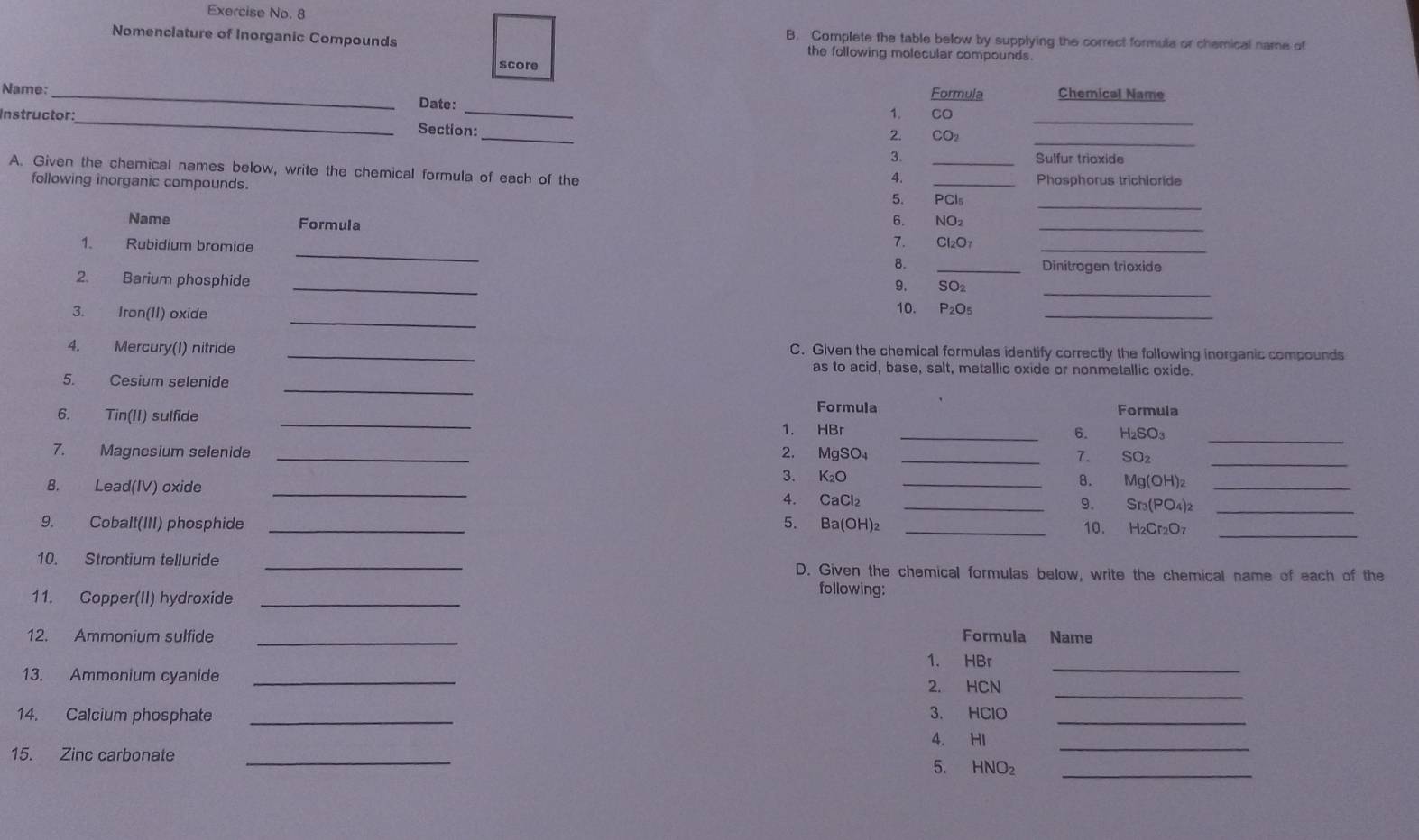 Solved: Exercise No. 8 B. Complete the table below by supplying the ...