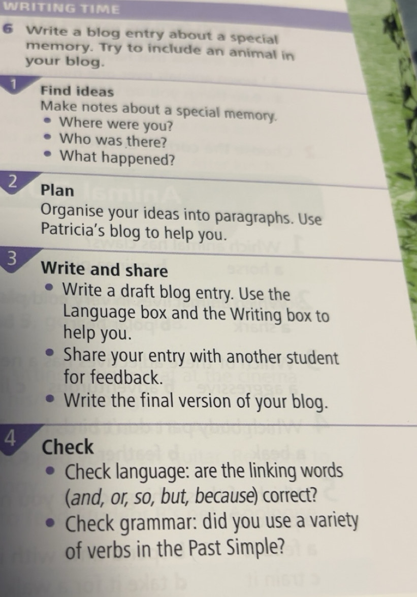 Risolto:WRITING TIME 6 Write a blog entry about a special memory. Try ...