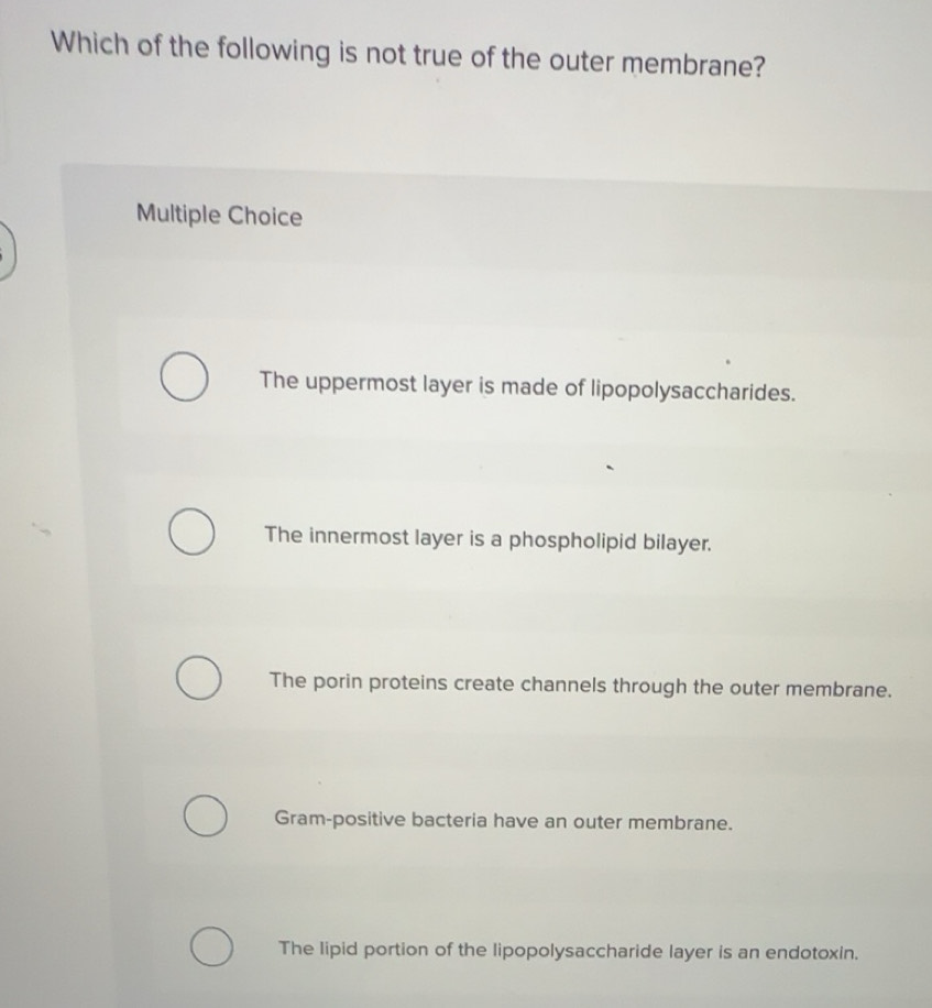 Solved: Which of the following is not true of the outer membrane ...