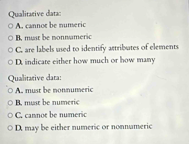 Solved: Qualitative data: A. cannot be numeric B. must be nonnumeric C ...